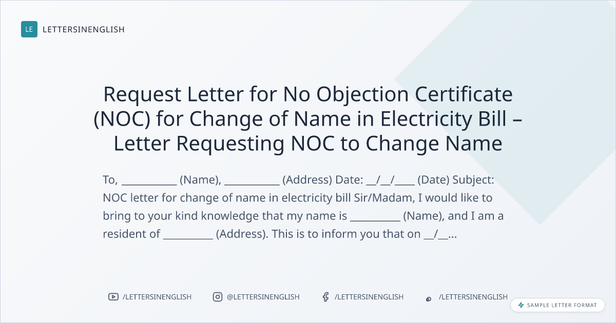 Request Letter for No Objection Certificate (NOC) for Change of Name in Electricity Bill ...